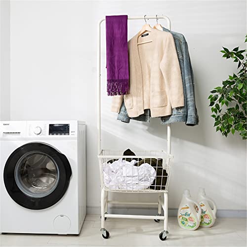 BechUbre Heavy Duty Rolling Hamper Laundry Basket Cart with Wire Hanging Rack and Storage Rack Commercial Rolling Laundry Butler White