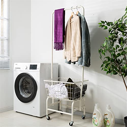 BechUbre Heavy Duty Rolling Hamper Laundry Basket Cart with Wire Hanging Rack and Storage Rack Commercial Rolling Laundry Butler White