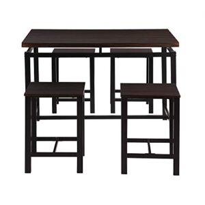 Bar Table and Chairs Set, Kitchen Dining Table Set, 5 Piece Dining Set Wood and Metal Pub Table with 4 Bar Stools, Dining Table Set Home Kitchen Breakfast Table (Espresso +Black)