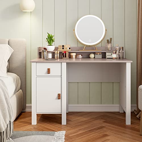 Tangkula White Computer Desk with Storage Drawer & Cabinet, Wood Home Office Desk with Hutch, 48 Inch Vintage Desk for Bedroom with Adjustable Inner Shelf, Executive Desk Study Desk, Vanity Desk