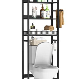 Furnulem 3 Tier Over The Toilet Storage Rack Black Bathroom Storage Shelf Wooden Space Saver Organizer, Above Toilet Stand, with Towel Bar and Toilet Paper Holder,1 Baskets