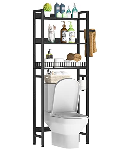 Furnulem 3 Tier Over The Toilet Storage Rack Black Bathroom Storage Shelf Wooden Space Saver Organizer, Above Toilet Stand, with Towel Bar and Toilet Paper Holder,1 Baskets