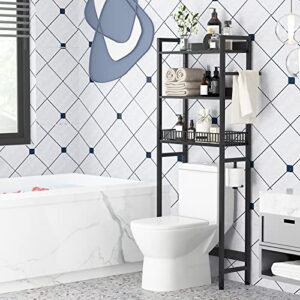 Furnulem 3 Tier Over The Toilet Storage Rack Black Bathroom Storage Shelf Wooden Space Saver Organizer, Above Toilet Stand, with Towel Bar and Toilet Paper Holder,1 Baskets