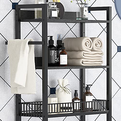 Furnulem 3 Tier Over The Toilet Storage Rack Black Bathroom Storage Shelf Wooden Space Saver Organizer, Above Toilet Stand, with Towel Bar and Toilet Paper Holder,1 Baskets