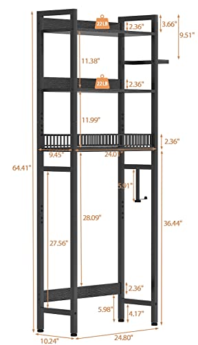 Furnulem 3 Tier Over The Toilet Storage Rack Black Bathroom Storage Shelf Wooden Space Saver Organizer, Above Toilet Stand, with Towel Bar and Toilet Paper Holder,1 Baskets