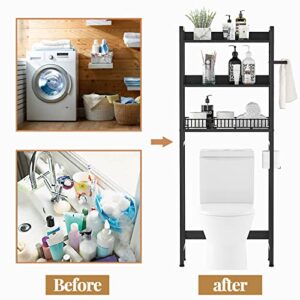 Furnulem 3 Tier Over The Toilet Storage Rack Black Bathroom Storage Shelf Wooden Space Saver Organizer, Above Toilet Stand, with Towel Bar and Toilet Paper Holder,1 Baskets