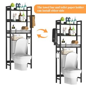 Furnulem 3 Tier Over The Toilet Storage Rack Black Bathroom Storage Shelf Wooden Space Saver Organizer, Above Toilet Stand, with Towel Bar and Toilet Paper Holder,1 Baskets