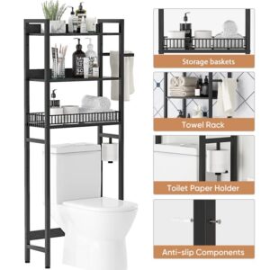 Furnulem 3 Tier Over The Toilet Storage Rack Black Bathroom Storage Shelf Wooden Space Saver Organizer, Above Toilet Stand, with Towel Bar and Toilet Paper Holder,1 Baskets