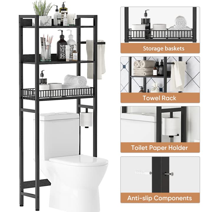 Furnulem 3 Tier Over The Toilet Storage Rack Black Bathroom Storage Shelf Wooden Space Saver Organizer, Above Toilet Stand, with Towel Bar and Toilet Paper Holder,1 Baskets