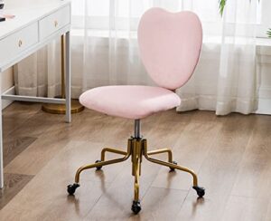 vescasa adjustable swivel home office desk chair with cute heart shape design back, comfy velvet task chair with wheels, small computer chair without arms for girls bedroom/living room, light pink