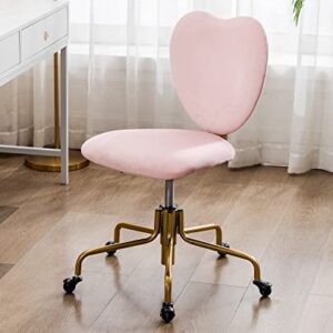 VESCASA Adjustable Swivel Home Office Desk Chair with Cute Heart Shape Design Back, Comfy Velvet Task Chair with Wheels, Small Computer Chair Without Arms for Girls Bedroom/Living Room, Light Pink