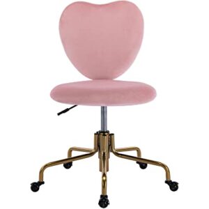 VESCASA Adjustable Swivel Home Office Desk Chair with Cute Heart Shape Design Back, Comfy Velvet Task Chair with Wheels, Small Computer Chair Without Arms for Girls Bedroom/Living Room, Light Pink