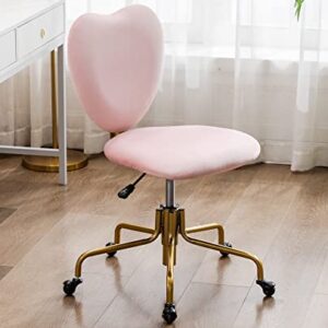 VESCASA Adjustable Swivel Home Office Desk Chair with Cute Heart Shape Design Back, Comfy Velvet Task Chair with Wheels, Small Computer Chair Without Arms for Girls Bedroom/Living Room, Light Pink