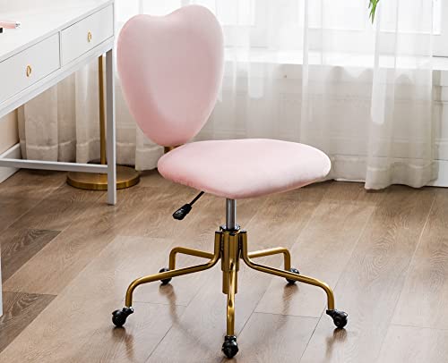 VESCASA Adjustable Swivel Home Office Desk Chair with Cute Heart Shape Design Back, Comfy Velvet Task Chair with Wheels, Small Computer Chair Without Arms for Girls Bedroom/Living Room, Light Pink