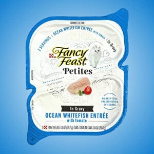 Fancy Feast Petites Variety in Gravy Bundle | 3 Flavors, (3) Each: Ocean Whitefish Tomato, Seared Salmon Spinach, Grilled Chicken Rice (2.8 Ounces) | Plus Mesh Kitty Toy and Car Paw Magnet!