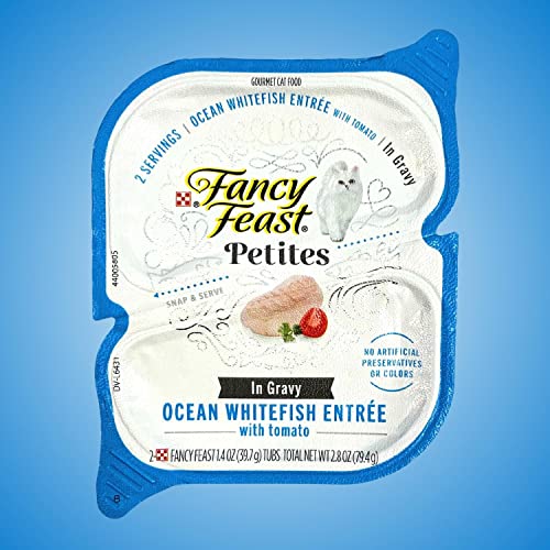 Fancy Feast Petites Variety in Gravy Bundle | 3 Flavors, (3) Each: Ocean Whitefish Tomato, Seared Salmon Spinach, Grilled Chicken Rice (2.8 Ounces) | Plus Mesh Kitty Toy and Car Paw Magnet!