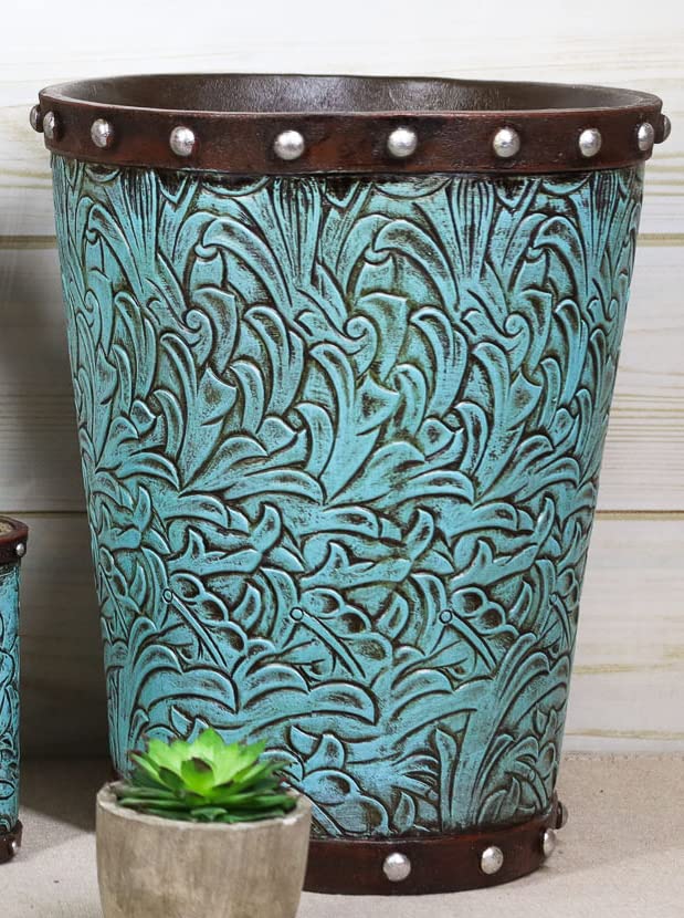 Ebros Gift Rustic Western Sculpted Turquoise Floral Patterns Flower Scroll Art with Faux Tooled Leather Nailhead Borders Bathroom Accessory (Dry Waste Basket Trash Bin)