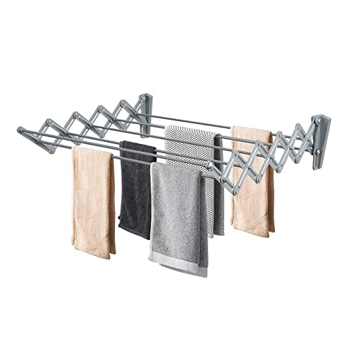 Stainless Steel Wall Mount Expandable Retractable Clothes Air Drying Rack - 7 Rods 23" Easy to Install Space Saver Fold Away Racks for Laundry Room/Bathroom//Utility Room - Indoor and Outdoor Use