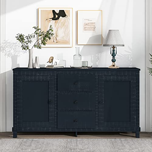 Quarte Retro Buffet Sideboard, Solid Wood Storage Cabinet with 2 Cabinets and 3 Drawers, Console Table with Large Storage Spaces for Dining Room, Living Room (Antique Black-03)