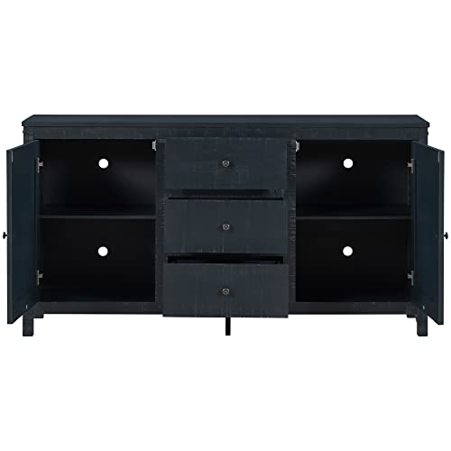 Quarte Retro Buffet Sideboard, Solid Wood Storage Cabinet with 2 Cabinets and 3 Drawers, Console Table with Large Storage Spaces for Dining Room, Living Room (Antique Black-03)