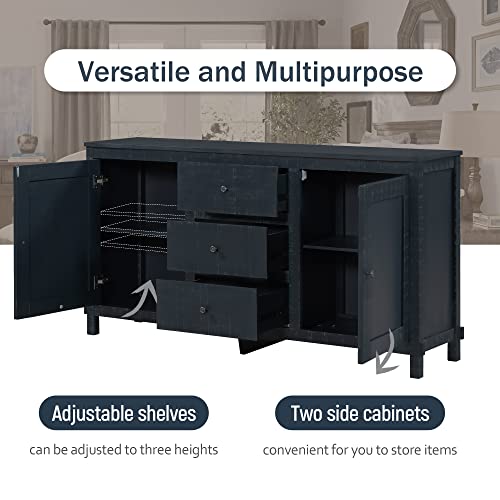 Quarte Retro Buffet Sideboard, Solid Wood Storage Cabinet with 2 Cabinets and 3 Drawers, Console Table with Large Storage Spaces for Dining Room, Living Room (Antique Black-03)