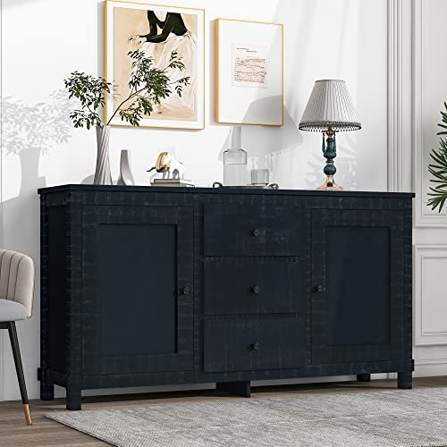 Quarte Retro Buffet Sideboard, Solid Wood Storage Cabinet with 2 Cabinets and 3 Drawers, Console Table with Large Storage Spaces for Dining Room, Living Room (Antique Black-03)