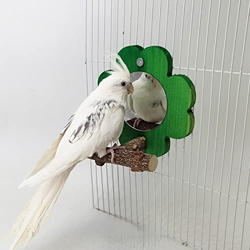 Bird Parakeet Mirror for Cage,Parrot Perch Stand,Wooden Hummingbird Swing Toy,Parakeet Accessories for Cockatiels Conure Finch Lovebird Canary African Grey Macaw (Clover)