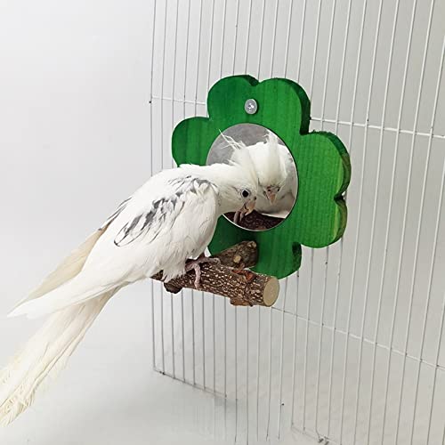 Bird Parakeet Mirror for Cage,Parrot Perch Stand,Wooden Hummingbird Swing Toy,Parakeet Accessories for Cockatiels Conure Finch Lovebird Canary African Grey Macaw (Clover)