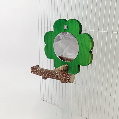 Bird Parakeet Mirror for Cage,Parrot Perch Stand,Wooden Hummingbird Swing Toy,Parakeet Accessories for Cockatiels Conure Finch Lovebird Canary African Grey Macaw (Clover)