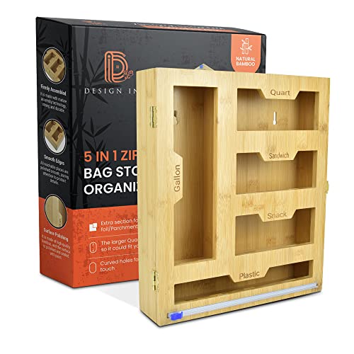 DESIGN INN 5 in 1 Bamboo Ziplock Bag Organizer for Drawer with Cling Wrap Dispenser and Cutter - Suitable for Gallon, Quart, Sandwich & Snack Variety Size Bags