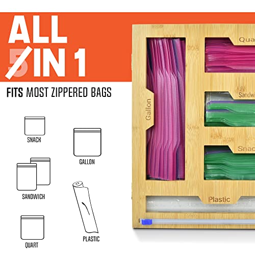 DESIGN INN 5 in 1 Bamboo Ziplock Bag Organizer for Drawer with Cling Wrap Dispenser and Cutter - Suitable for Gallon, Quart, Sandwich & Snack Variety Size Bags