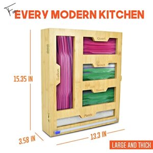 DESIGN INN 5 in 1 Bamboo Ziplock Bag Organizer for Drawer with Cling Wrap Dispenser and Cutter - Suitable for Gallon, Quart, Sandwich & Snack Variety Size Bags