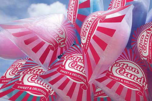 Cotton Candy Bags with Ties (100 Count), Clear Bags for Cotton candy with Print, Prefect for Carnivals and Parties. 11.5x18.5 Inches (Red)