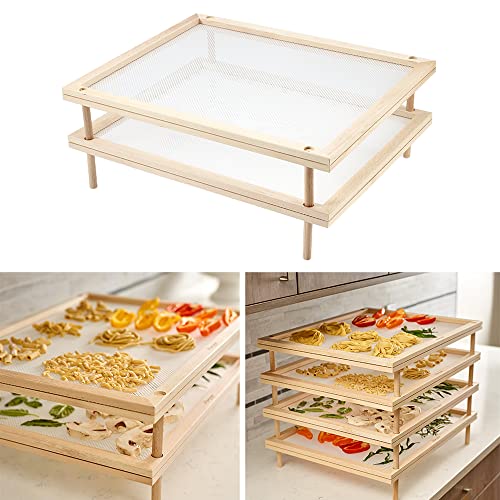 CHICOMFY Wooden Pasta Herb Drying Rack Stackable Food Dryer with Net Multipurpose 2-Tier Noodle Vegetables Dryer Holder (Two Tier)