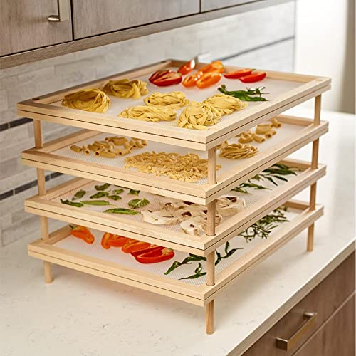 CHICOMFY Wooden Pasta Herb Drying Rack Stackable Food Dryer with Net Multipurpose 2-Tier Noodle Vegetables Dryer Holder (Two Tier)