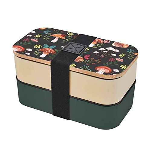 Ykklima Mushroom Snails Butterfly Flower Pattern Bento Lunch Box for Adult Kids, 2 layer Food Containers Leakproof Wooden Lid Utensils for Men Women, Microwave Dishwasher freezer Safe