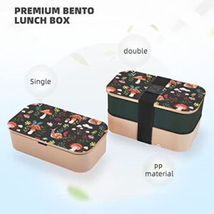 Ykklima Mushroom Snails Butterfly Flower Pattern Bento Lunch Box for Adult Kids, 2 layer Food Containers Leakproof Wooden Lid Utensils for Men Women, Microwave Dishwasher freezer Safe