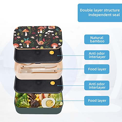 Ykklima Mushroom Snails Butterfly Flower Pattern Bento Lunch Box for Adult Kids, 2 layer Food Containers Leakproof Wooden Lid Utensils for Men Women, Microwave Dishwasher freezer Safe