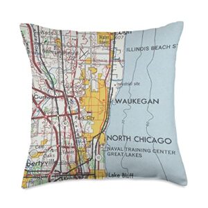 lake county illinois old city atlas vintage waukegan il map (1969) throw pillow, 18x18, multicolor