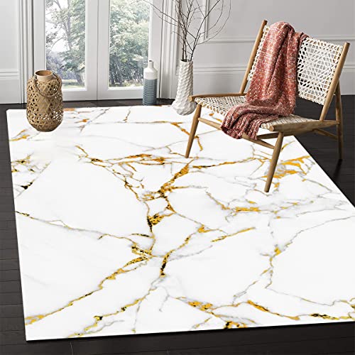 Luxury White Gold Marble Area Rugs 5x7 Modern Abstract Soft Thick Carpet for Living Room Bedroom Chic Boho Dining Room Rugs Art Decor Home Office Floor Rug Non-Slip Runner Rug