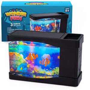 artificial fish tank virtual ocean toy in motion lamp - mini office desk aquarium 3 colorful led lights, colorful aquarium backgrounds - 3 artificial fish, bubbles tank with moving fish, gift for kids