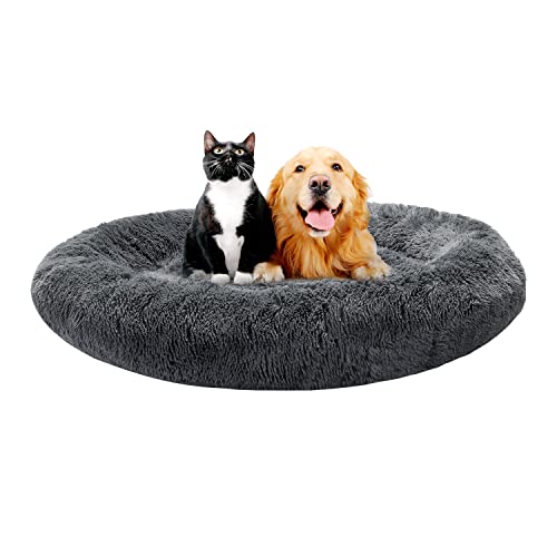 Bonteck Calming Dog Beds for Small Medium Large Dogs - Round Donut Machine Washable Dog Bed, Anti-Slip Faux Fur Fluffy Donut Cuddler Cat Bed, Multiple Sizes S-XL