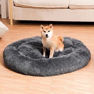 Bonteck Calming Dog Beds for Small Medium Large Dogs - Round Donut Machine Washable Dog Bed, Anti-Slip Faux Fur Fluffy Donut Cuddler Cat Bed, Multiple Sizes S-XL