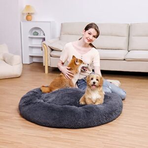 Bonteck Calming Dog Beds for Small Medium Large Dogs - Round Donut Machine Washable Dog Bed, Anti-Slip Faux Fur Fluffy Donut Cuddler Cat Bed, Multiple Sizes S-XL