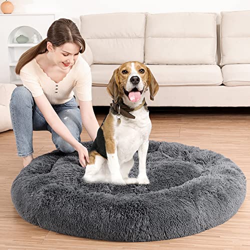 Bonteck Calming Dog Beds for Small Medium Large Dogs - Round Donut Machine Washable Dog Bed, Anti-Slip Faux Fur Fluffy Donut Cuddler Cat Bed, Multiple Sizes S-XL