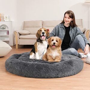 Bonteck Calming Dog Beds for Small Medium Large Dogs - Round Donut Machine Washable Dog Bed, Anti-Slip Faux Fur Fluffy Donut Cuddler Cat Bed, Multiple Sizes S-XL