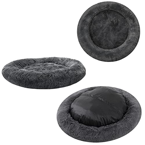 Bonteck Calming Dog Beds for Small Medium Large Dogs - Round Donut Machine Washable Dog Bed, Anti-Slip Faux Fur Fluffy Donut Cuddler Cat Bed, Multiple Sizes S-XL