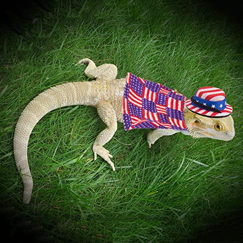 ADOGGYGO American Flag Bearded Dragon Hat Cloak USA Flag Lizard Patriotic Hat Cape Set, 4th of July Bearded Dragon Costume Accessories (4th of July)