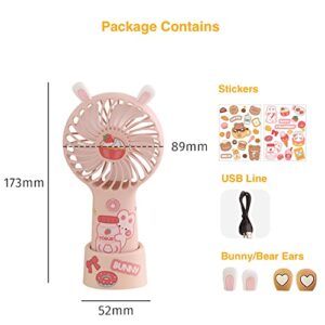 Kawaii Portable Fan with Stickers Kawaii Handheld Fan Kawaii Desk Fan with Standing Base Cute Small Personal Cooling Fan for Girls Room USB Power Rechargeable Fan Quiet Adjustable Airflow (Beige Bunny)