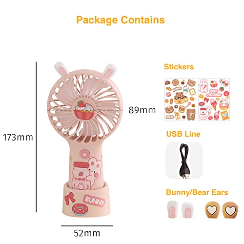 Kawaii Portable Fan with Stickers Kawaii Handheld Fan Kawaii Desk Fan with Standing Base Cute Small Personal Cooling Fan for Girls Room USB Power Rechargeable Fan Quiet Adjustable Airflow (Beige Bunny)